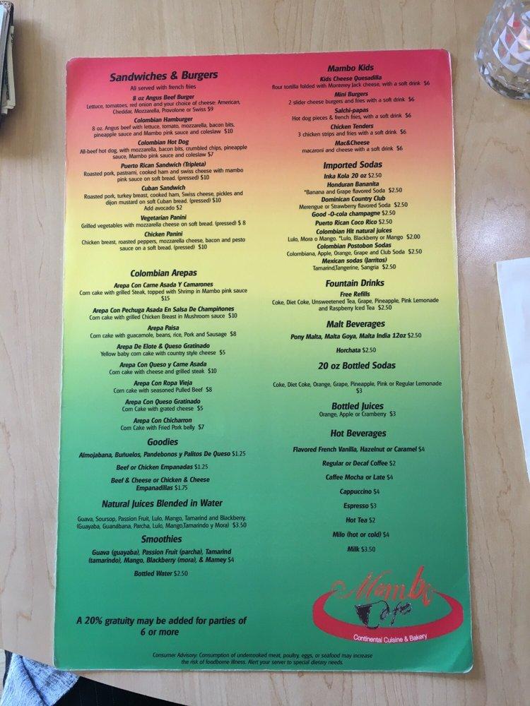 Menu at Mambo Café cafe, Pleasantville