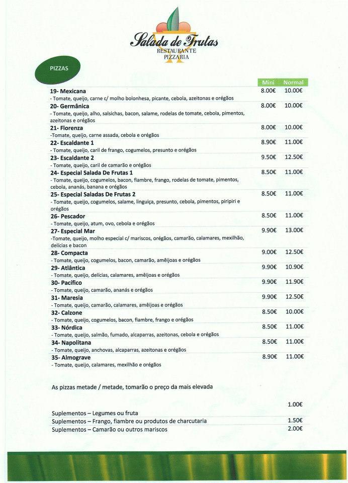 Menu at Pizzaria Salada de Frutas, Beja