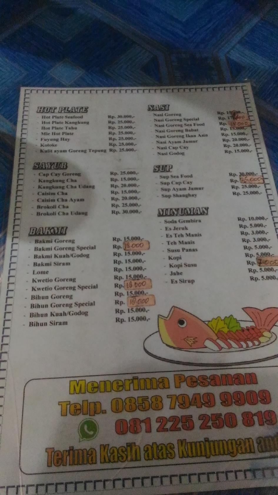 Menu at Wm. Sari Laut Seafood restaurant, Ambarawa