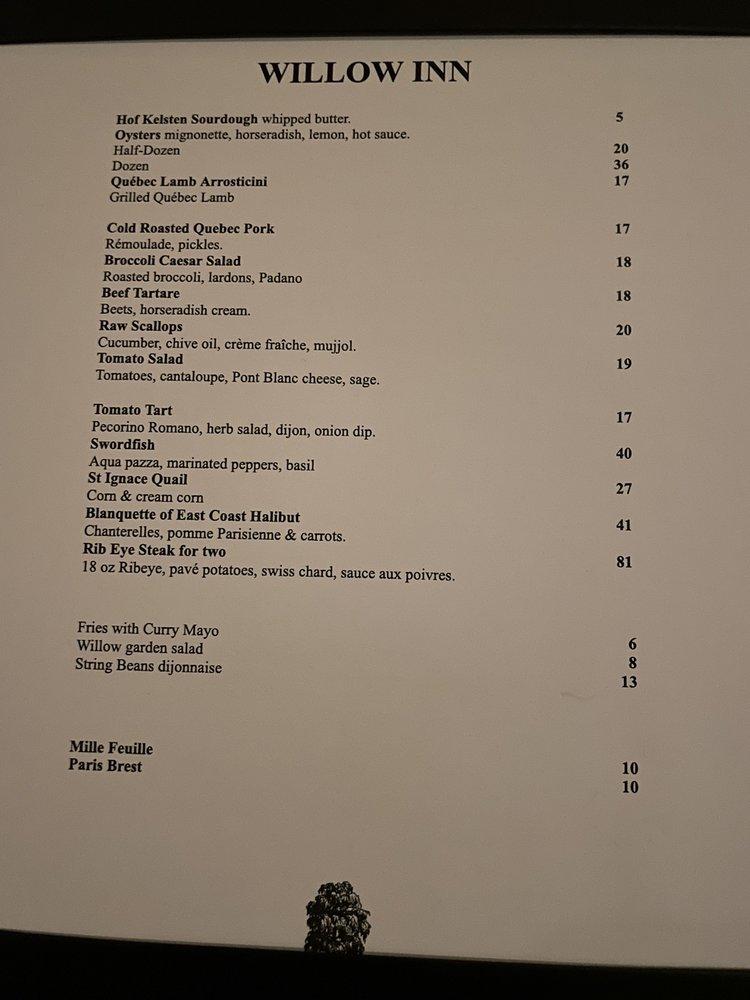 Menu au Auberge Willow Inn - FERMÉ restaurant, Hudson