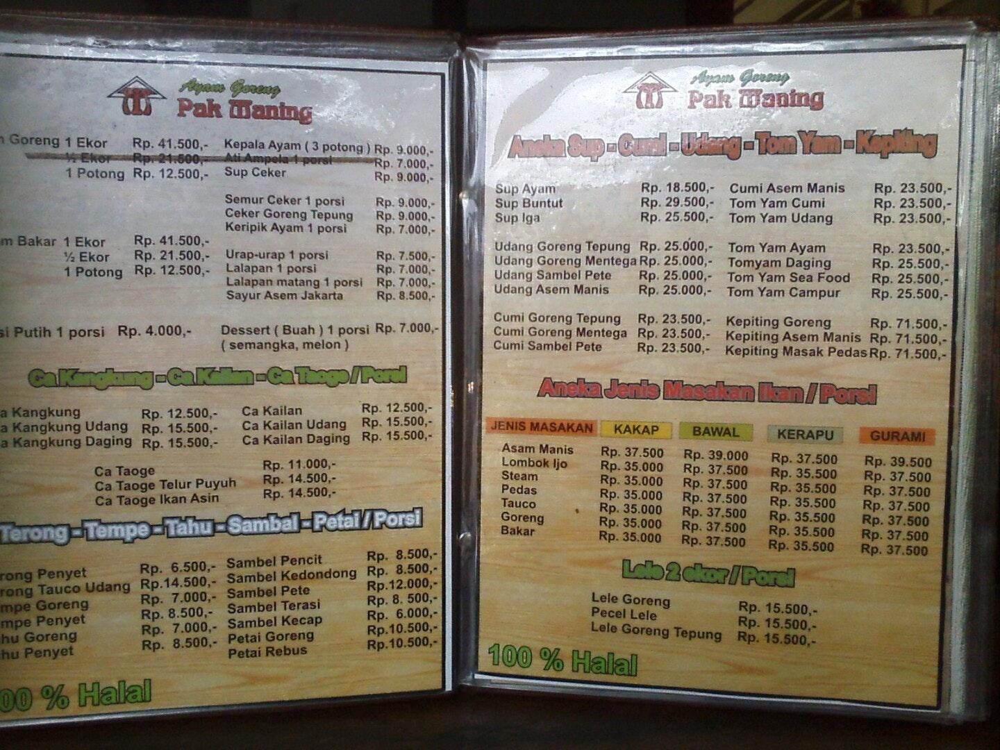 Menu at Ayam Goreng Pak Maning restaurant, Malang, Jl. L.A. Sucipto No. 195