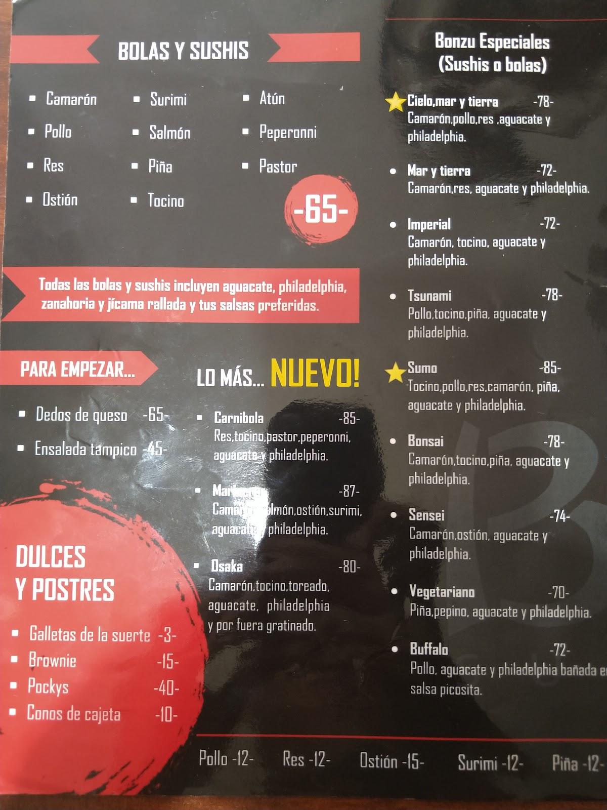 Menu at Bonzu Sushi House restaurant, Chihuahua, Av División del Nte 1100