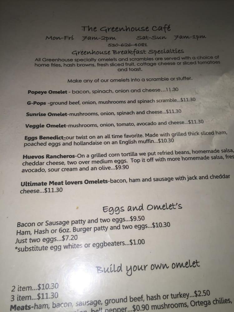 Menu at Greenhouse Cafe, Placerville