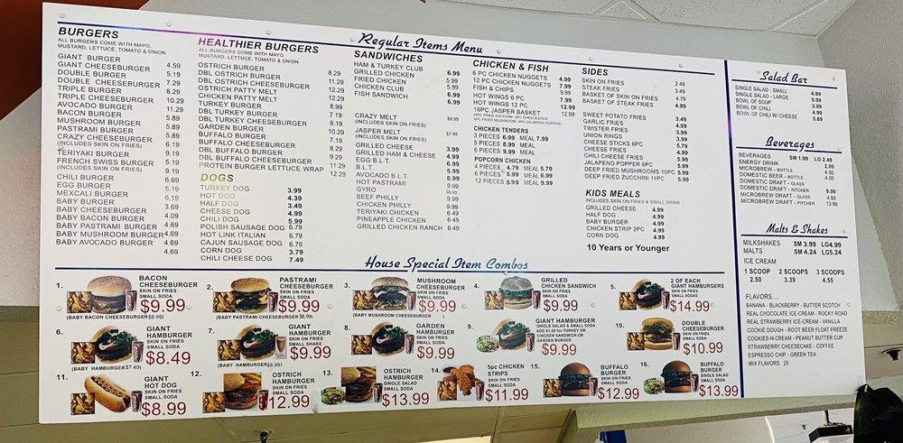 Menu at Jasper's Giant Burgers restaurant, Gold River