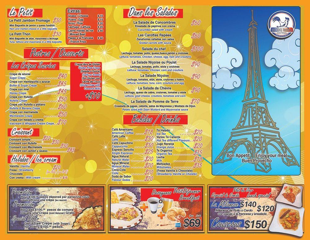 Menu at Le Coq Express restaurant, Playa del Carmen