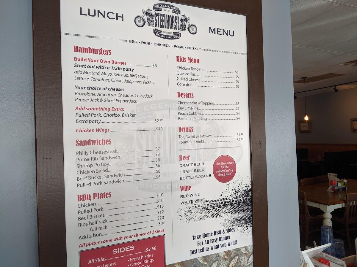 Menu at Steelhorse Smokehouse BBQ, Newberry