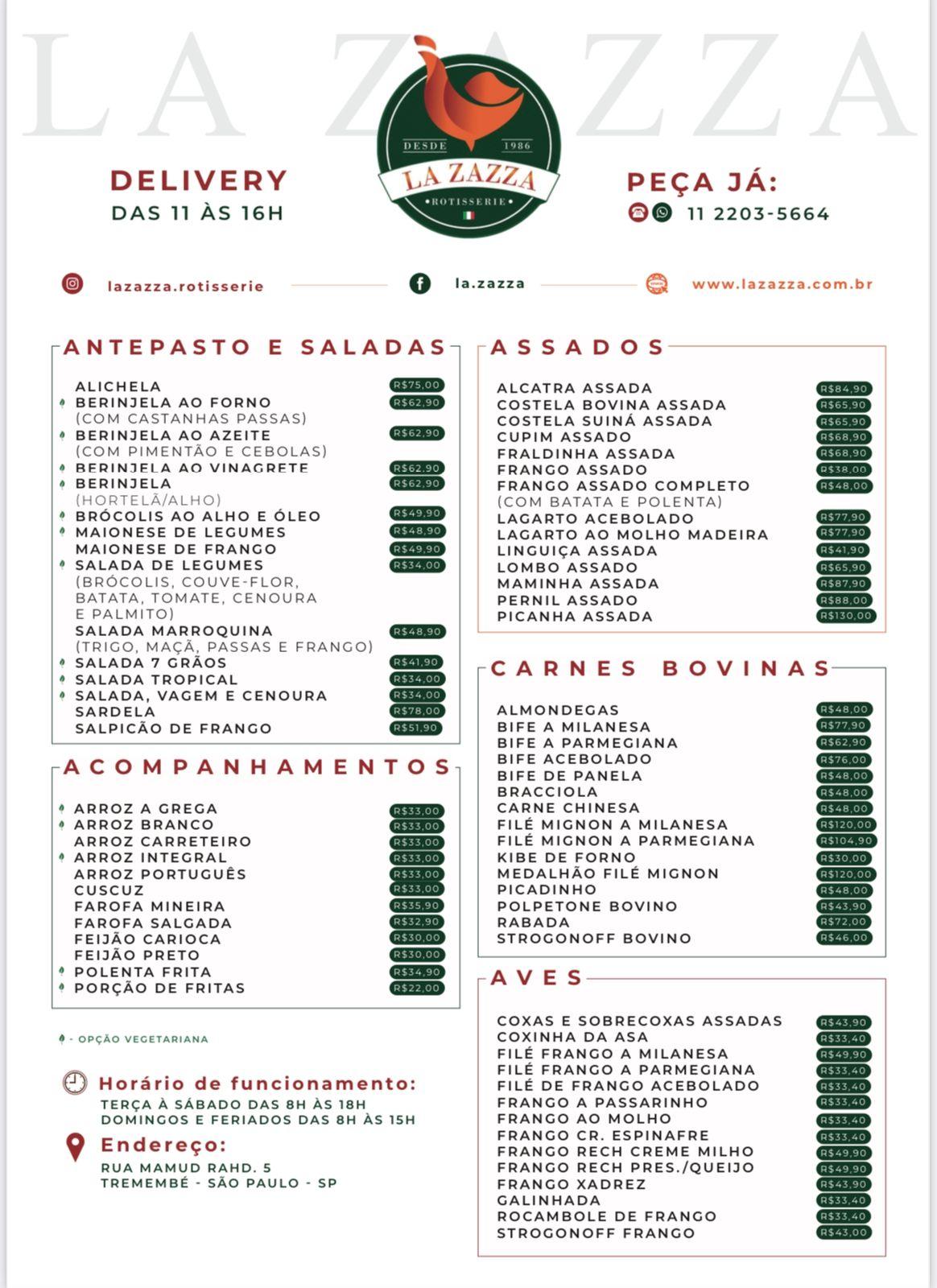 Menu at La Zazza Rotisserie restaurant, São Paulo