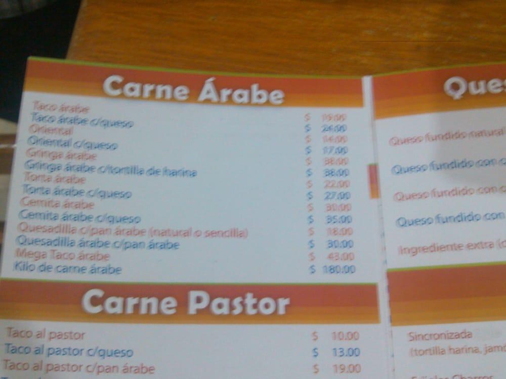 Menu at Mega Taco restaurant, Puebla City, Av. las Margaritas 518 y 512