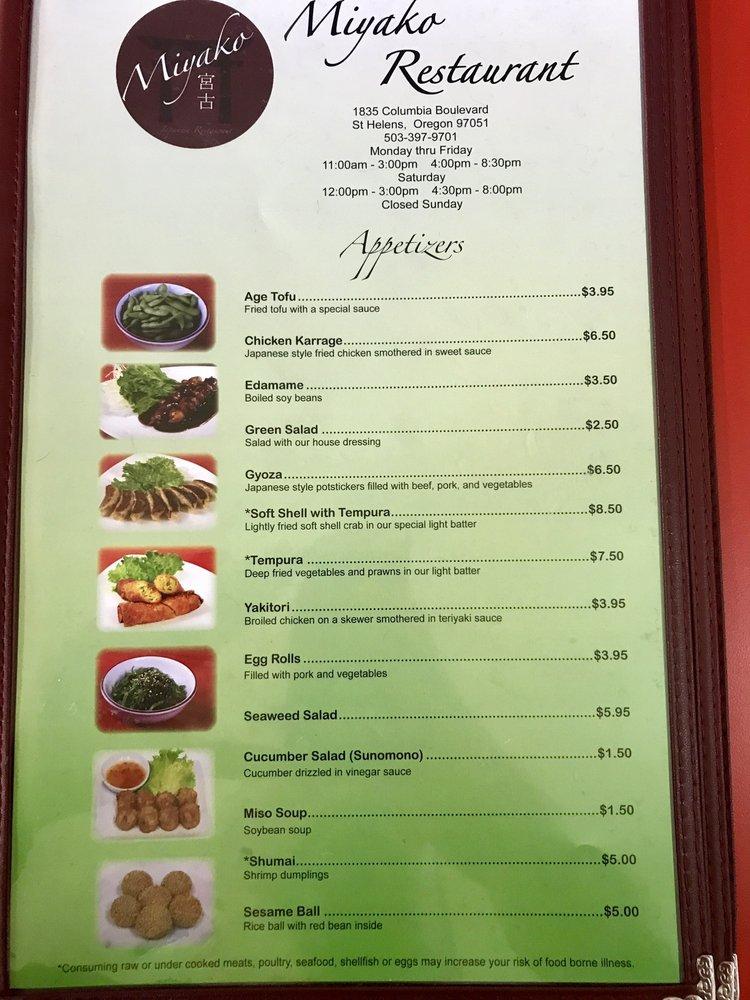 Menu at Miyako Restaurant, Saint Helens