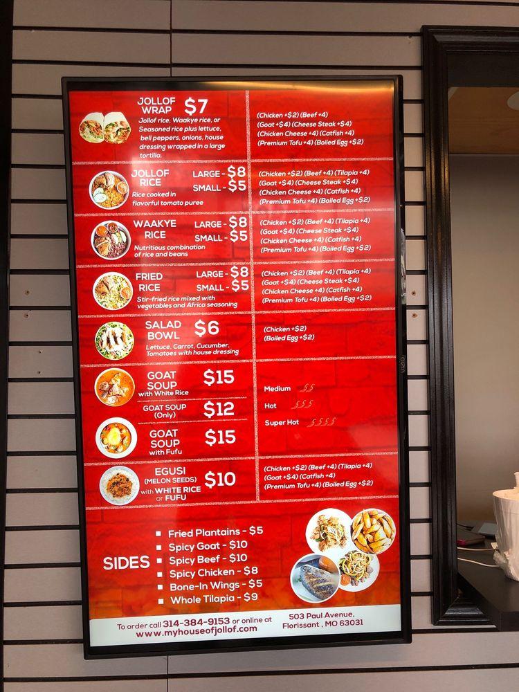 Menu at House of Jollof restaurant, Florissant
