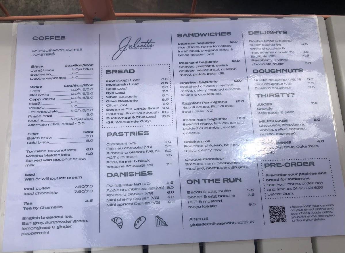 Menu at Juliette Coffee & Bread Ringwood East cafe, Ringwood East