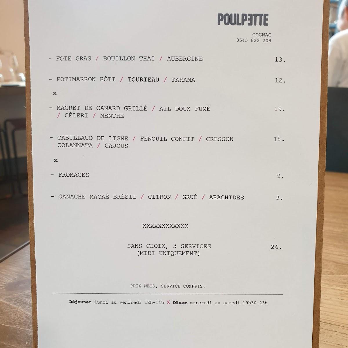 Menu at Poulpette pub & bar, Cognac