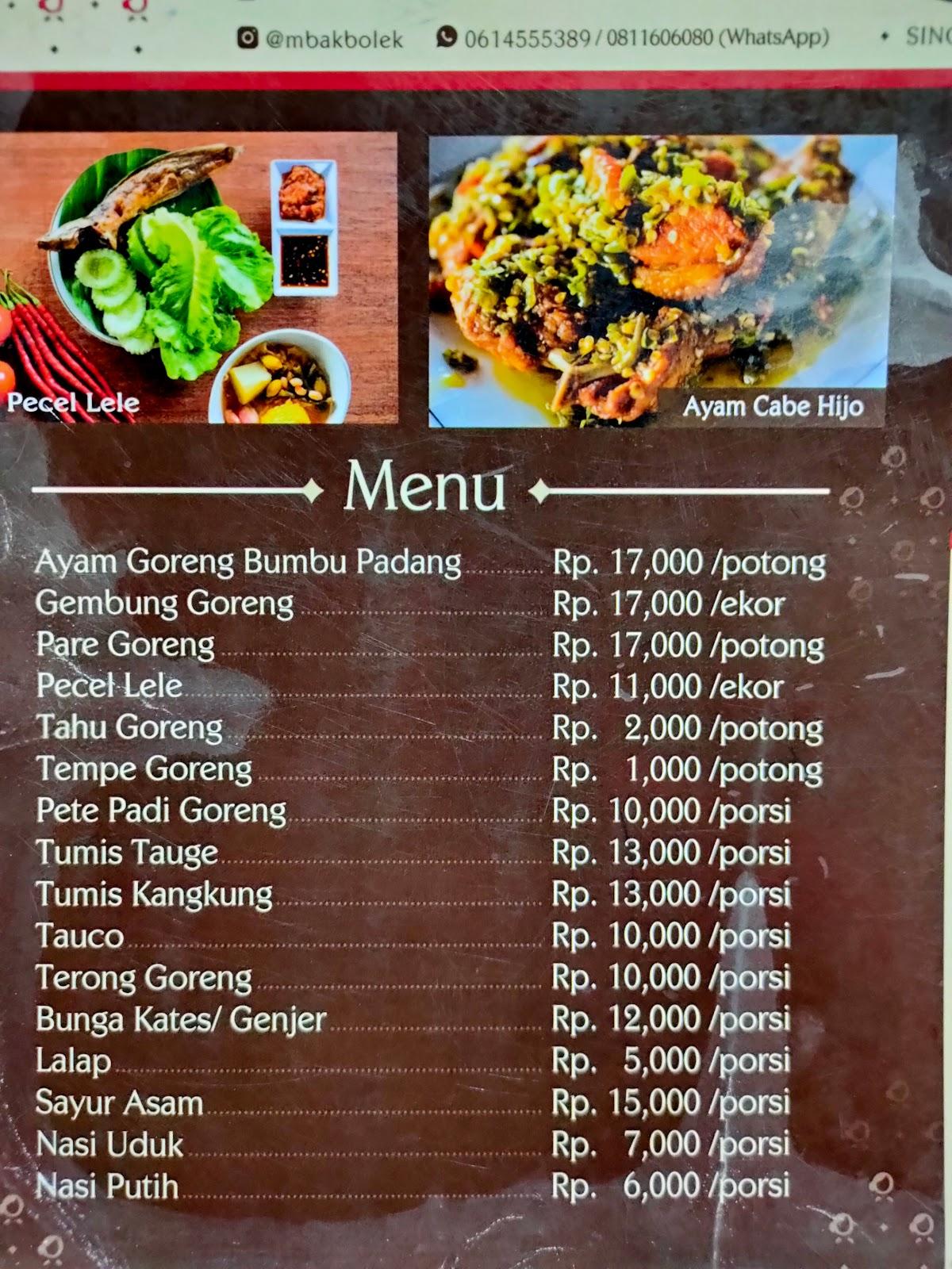 Carta del restaurante Rumah Makan Mbak Bolek, Medan