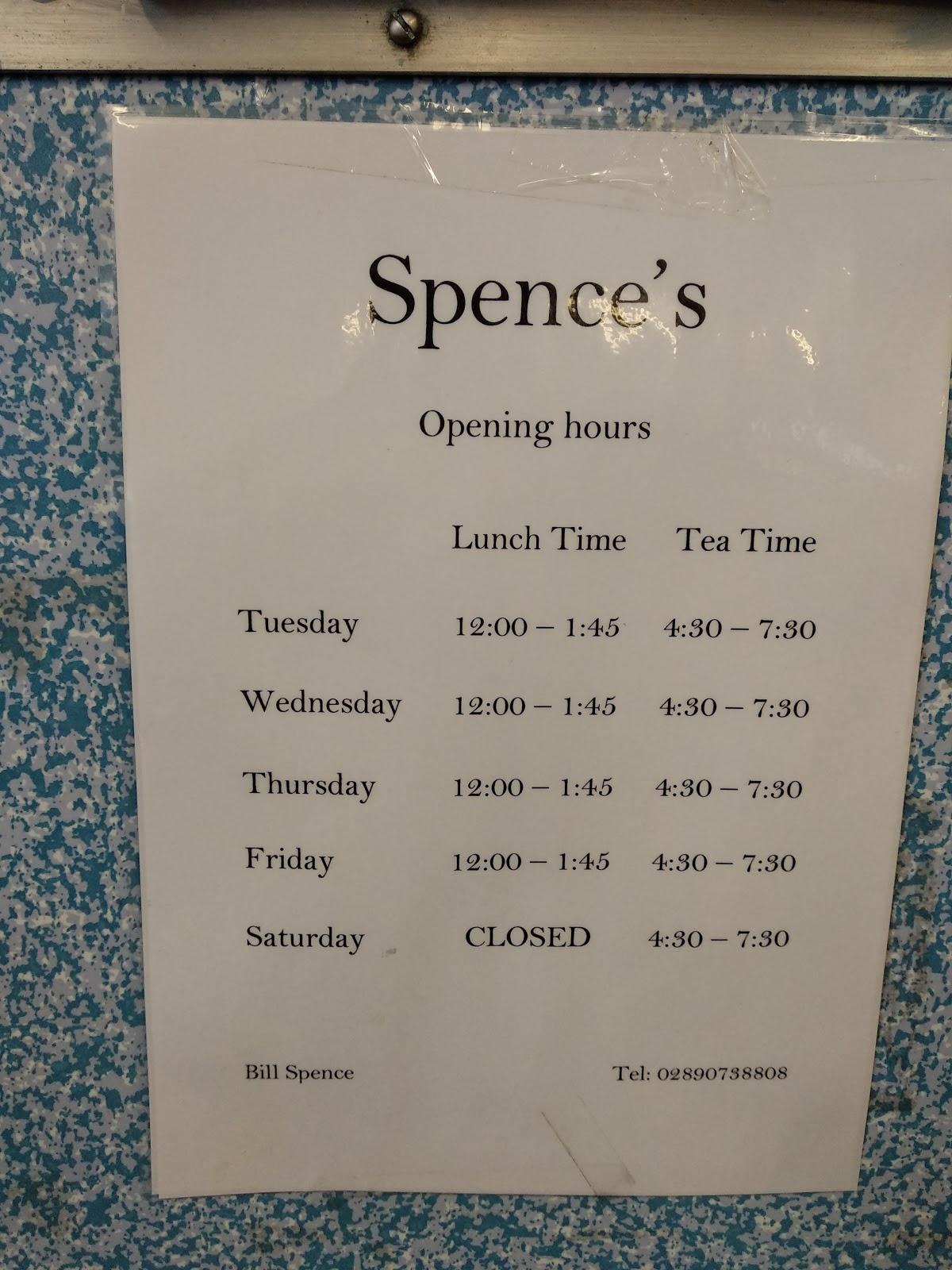Menu at Spences fast food, Belfast, Beersbridge Rd