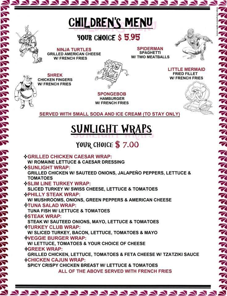 Menu at Sunlight Restaurant, South Saint Paul