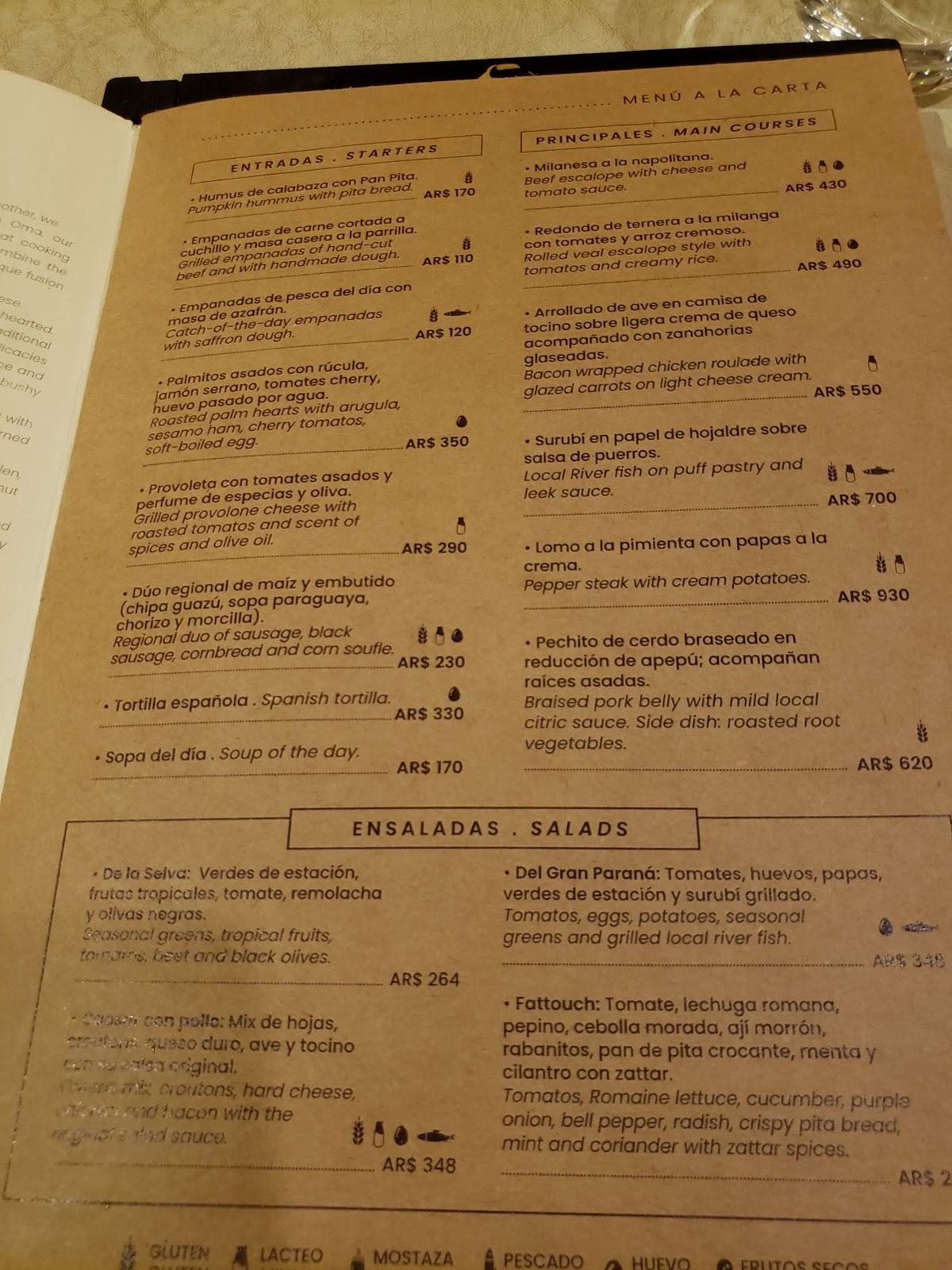 Menu at Doña Maria Restaurante, Puerto Iguazú