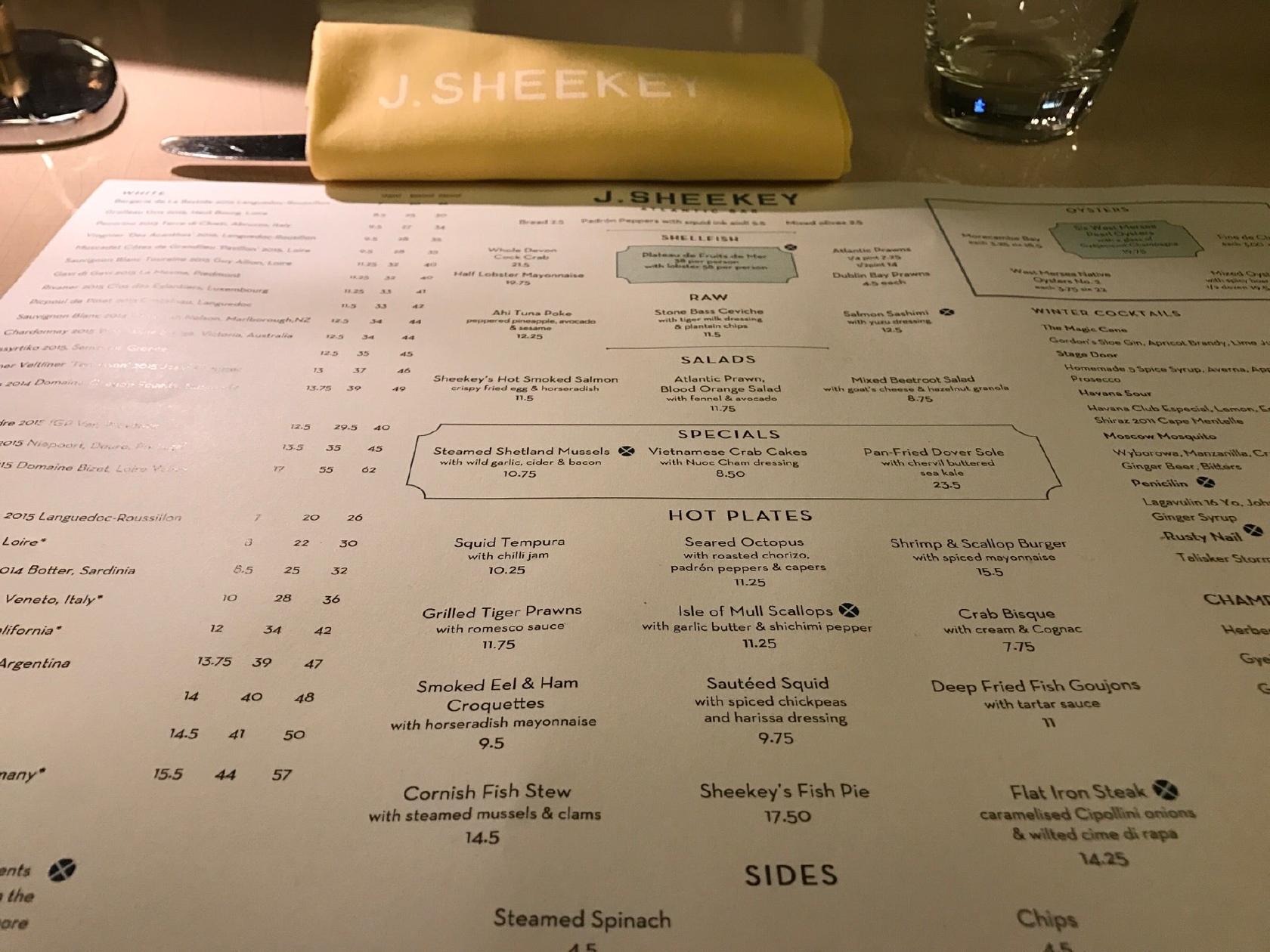 Menu at J Sheekey restaurant, London