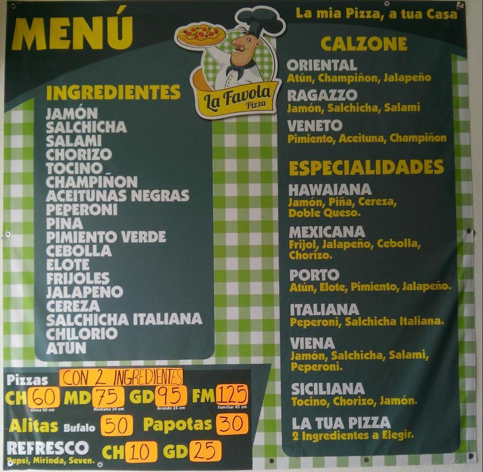 Menu at La Favola Pizza restaurant, Zapopan