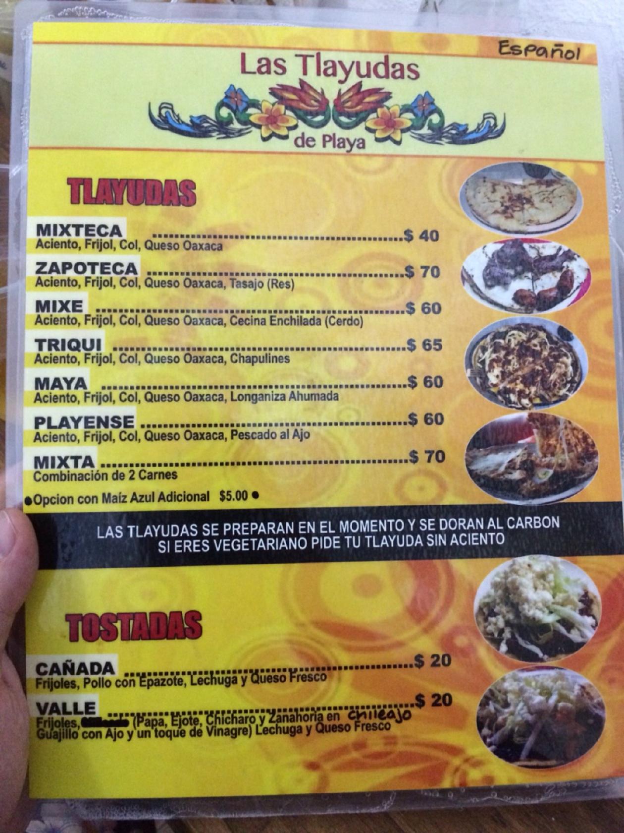 Menu at Las Tlayudas de Playa restaurant, Playa del Carmen