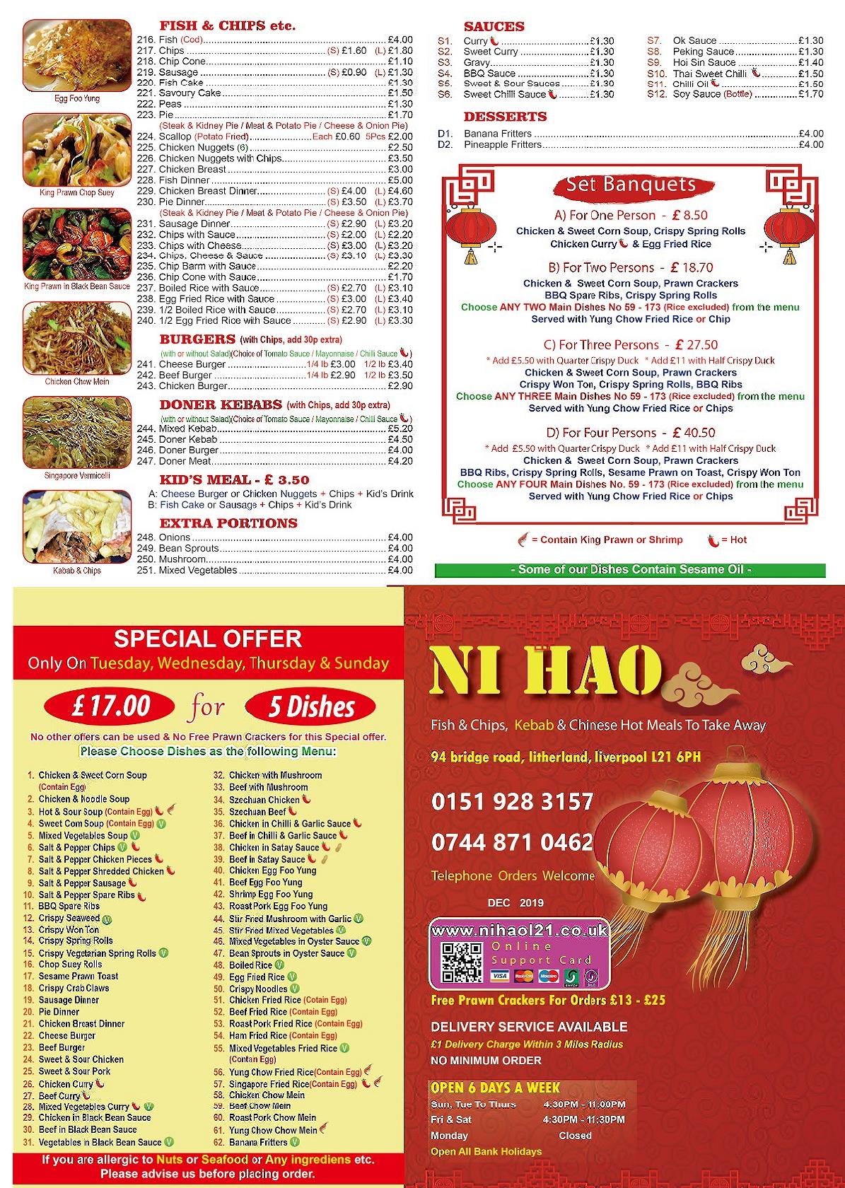 Menu at Ni Hao restaurant, Liverpool