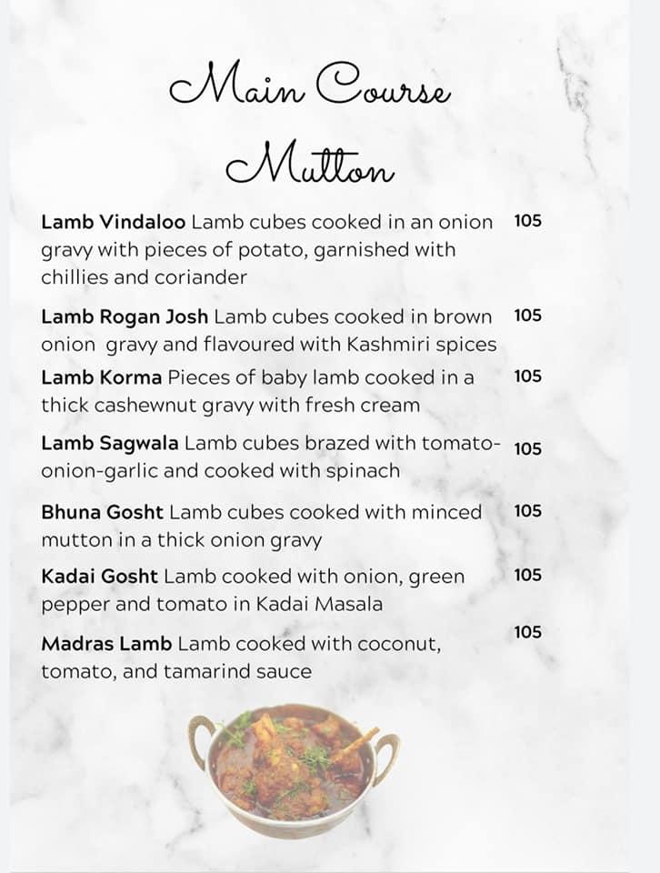 Menu at Bombay Blu restaurant, Durban