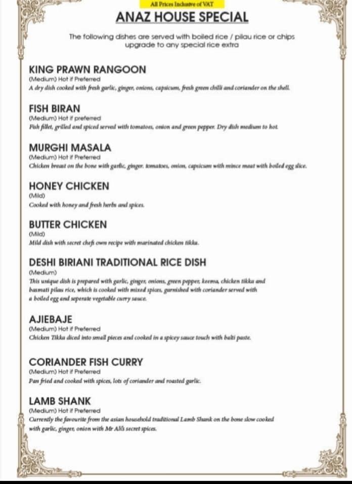 Menu at Anaz restaurant, Darwen, 110