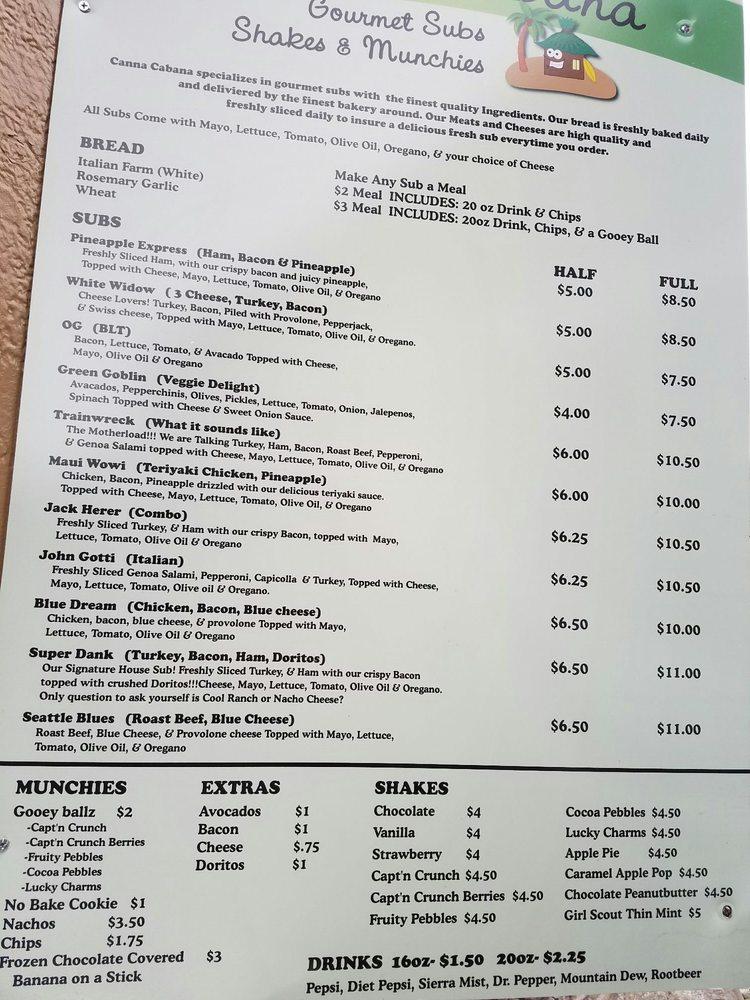 Carta del restaurante Canna Cabana Subs & Shakes, Lacey