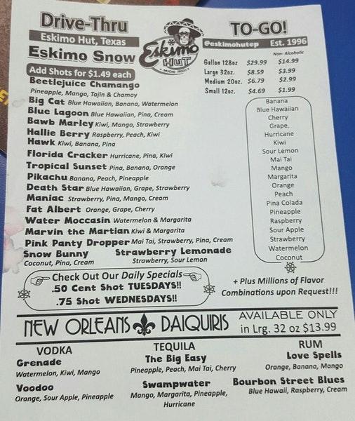 Menu at Eskimo Hut pub & bar, El Paso, N Mesa St