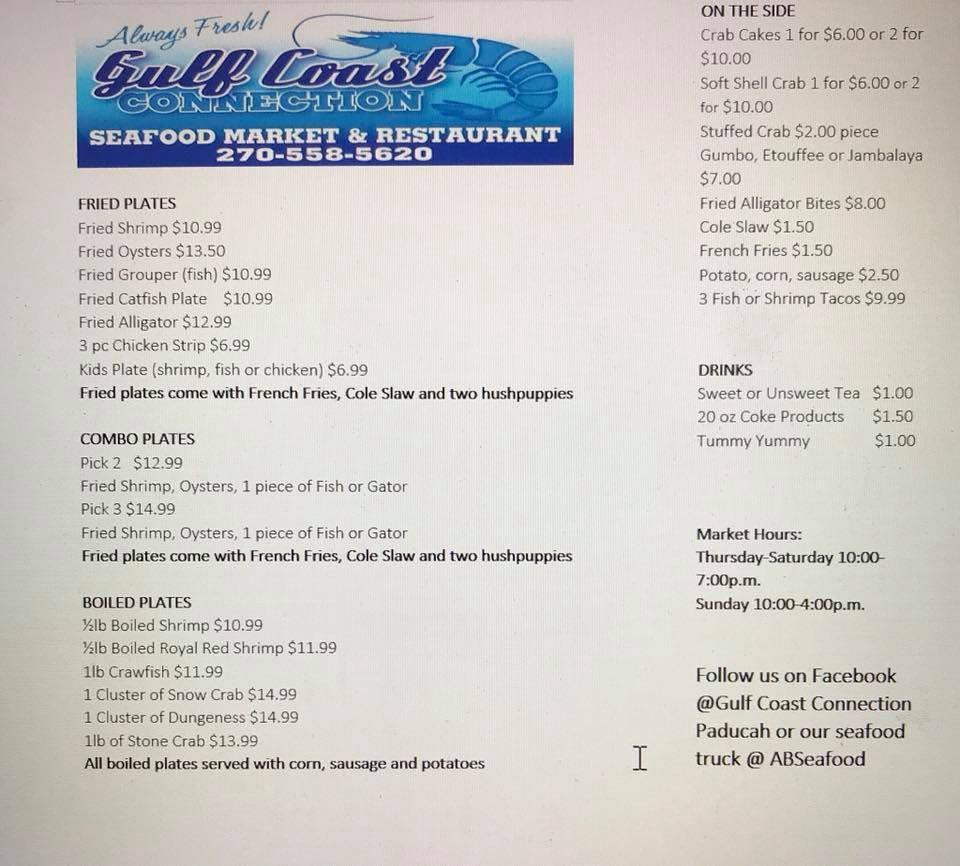 Menu at Gulf Coast Connection Seafood Market and Restaurant, Paducah
