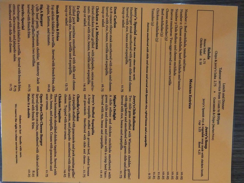 Menu at Jerry's Cafe, Gallup