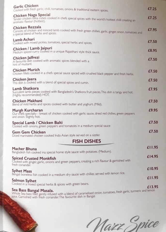Menu at Nazz Spice of Middleton restaurant, Caldecott