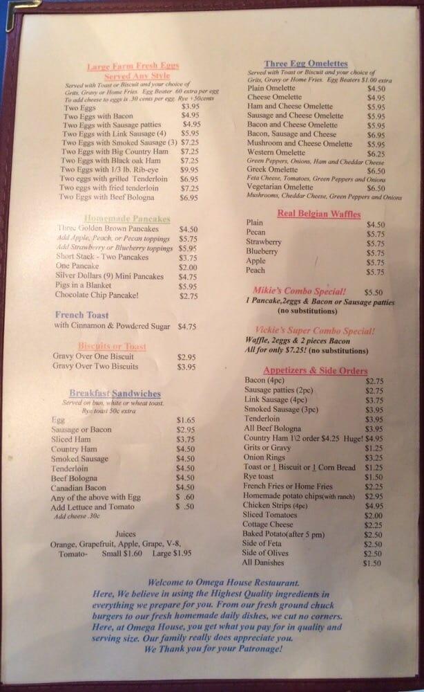 Menu at Omega House restaurant, Winston-Salem