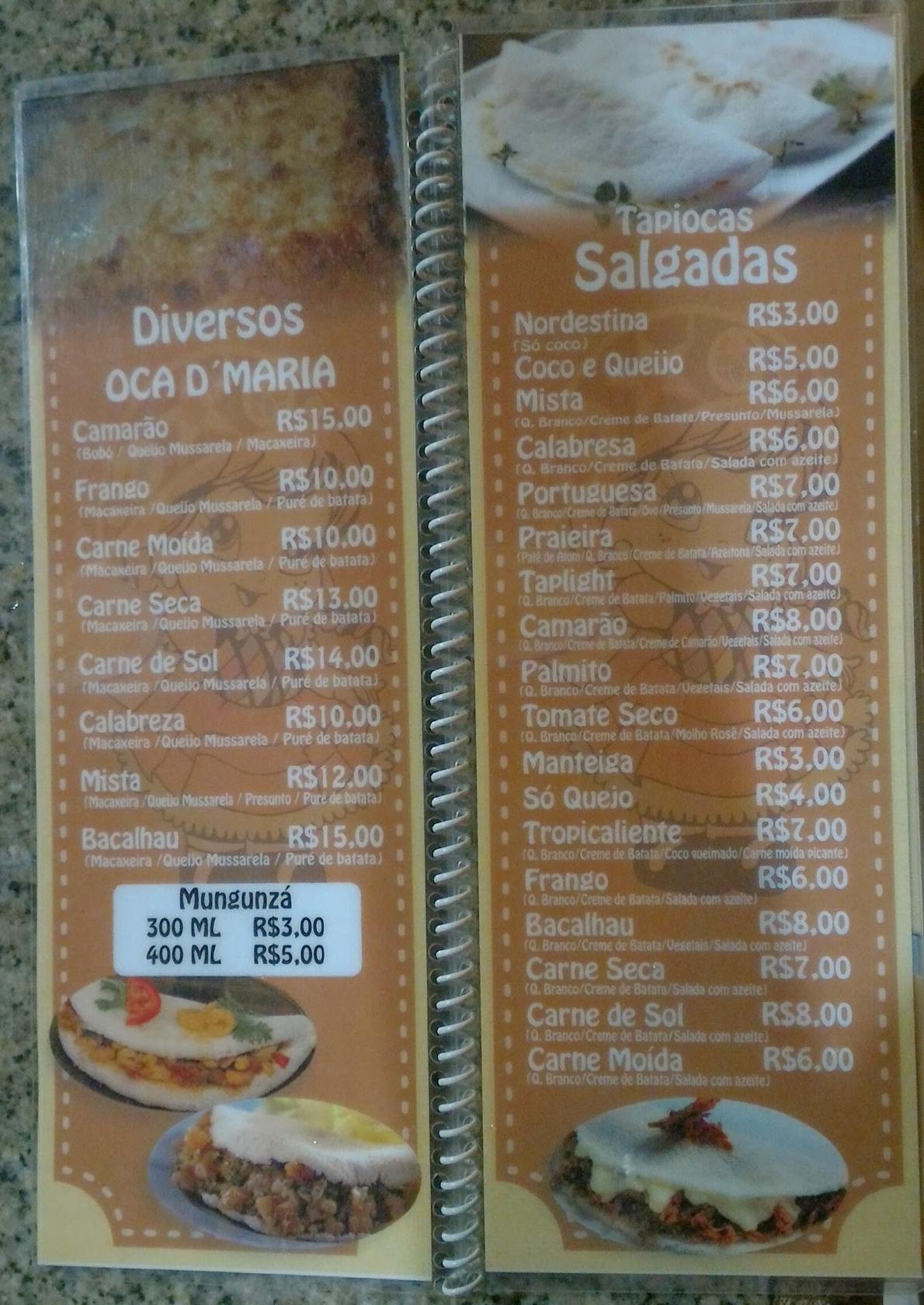 Menu at Tapioca D'Maria cafe, Olinda