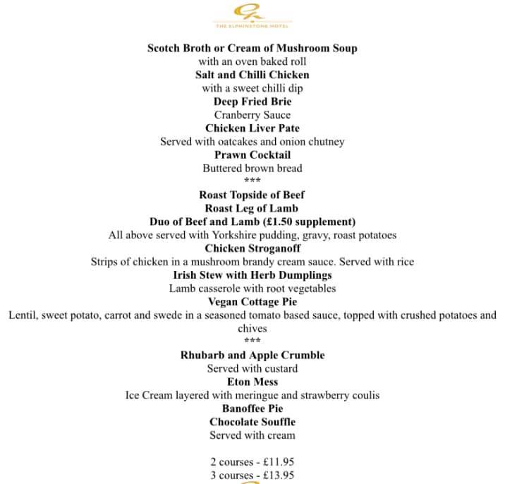 Menu at The Elphinstone Hotel restaurant, Biggar