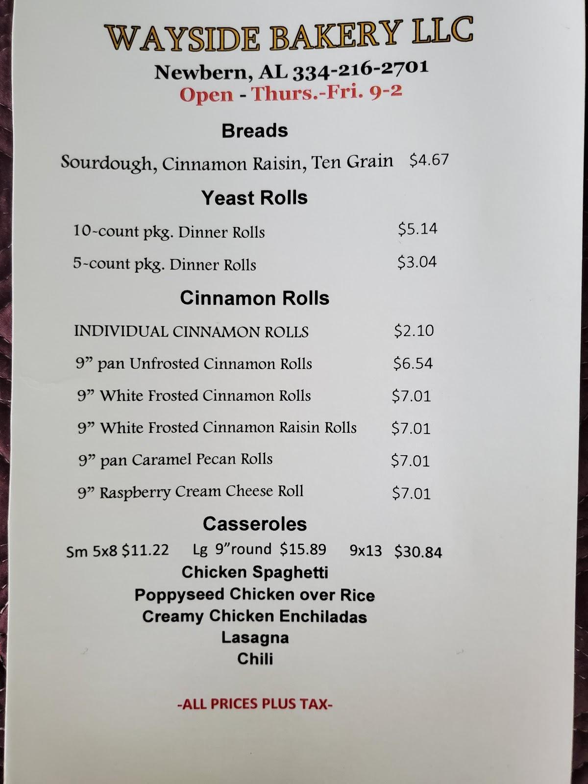 Menu at Wayside Bakery, Newbern