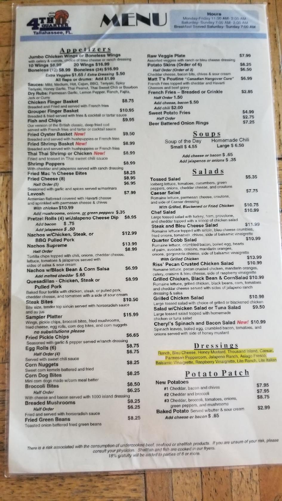 Menu at 4th Quarter Bar & Grille, Tallahassee