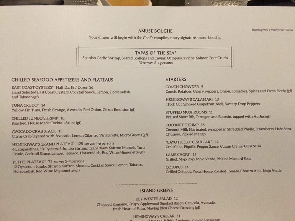 Menu at Hemingway's Restaurant, Orlando
