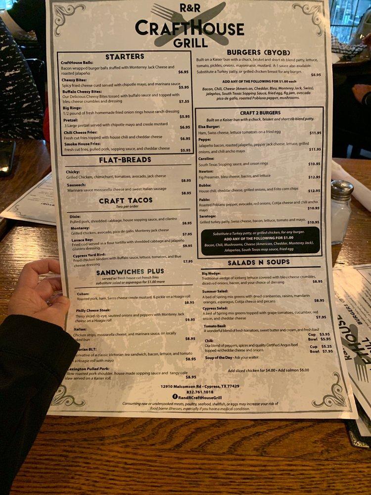 Menu at R&R Crafthouse Grill pub & bar, Cypress