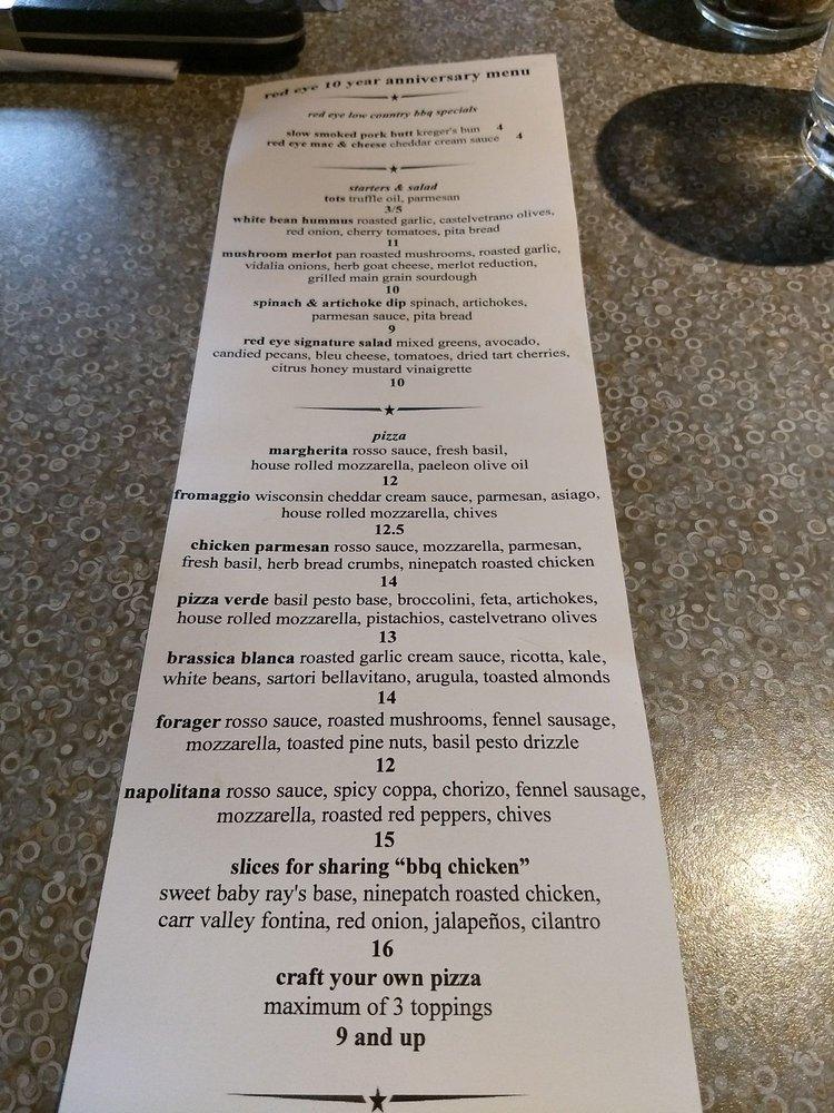 Menu at Red Eye Brewing Company pizzeria, Wausau