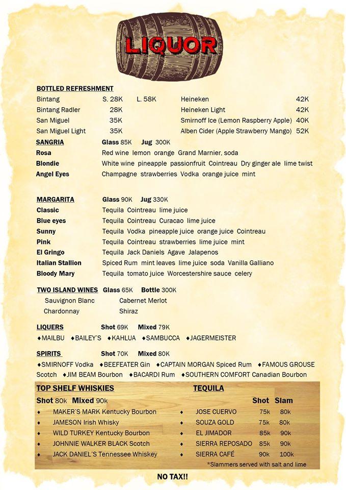 Menu at Spaghetti Western Saloon pub & bar, Denpasar