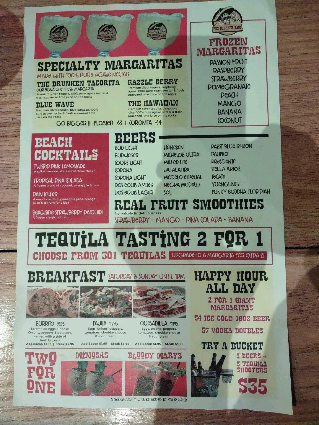 Menu at The Drunken Taco pub & bar, Fort Lauderdale