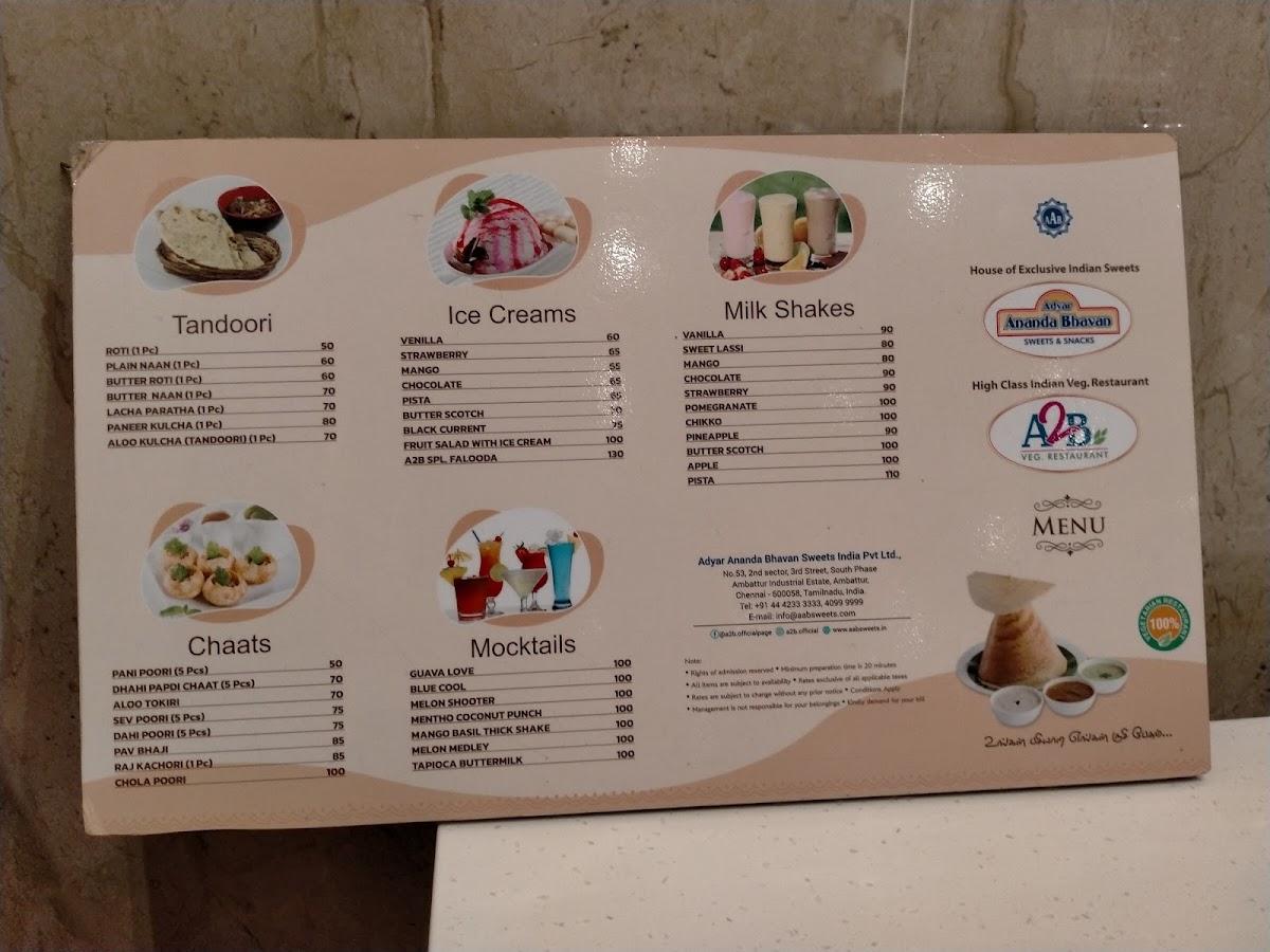 Menu at Adyar Ananda Bhavan - A2B, Chennai, Unit No. 89