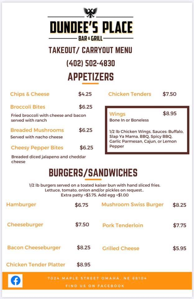 Menu at Dundee’s Place Bar and Grill, Omaha