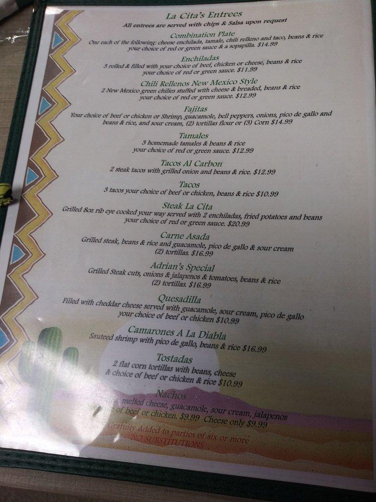 Menu at La Cita restaurant, Tucumcari