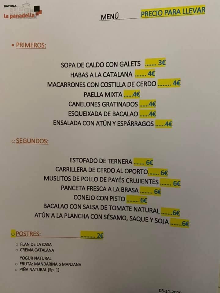 Carta del restaurante Bayona-la Panadella, Montmaneu