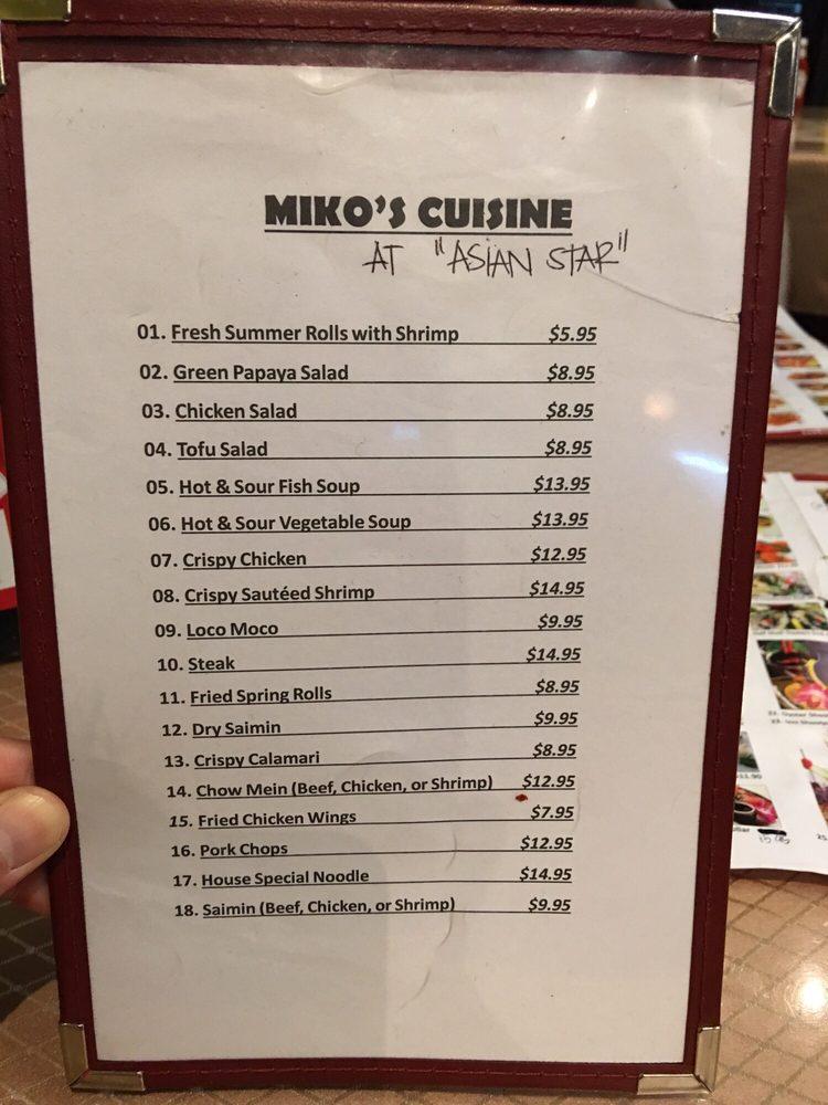 Menu at Miko’s Cuisine restaurant, Wailuku