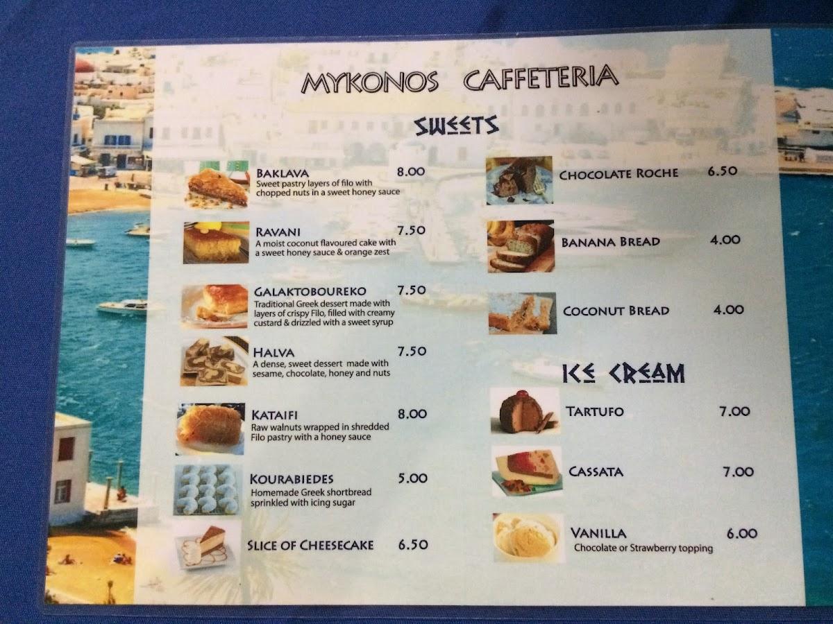 Menu at Mykonos restaurant, Cairns City
