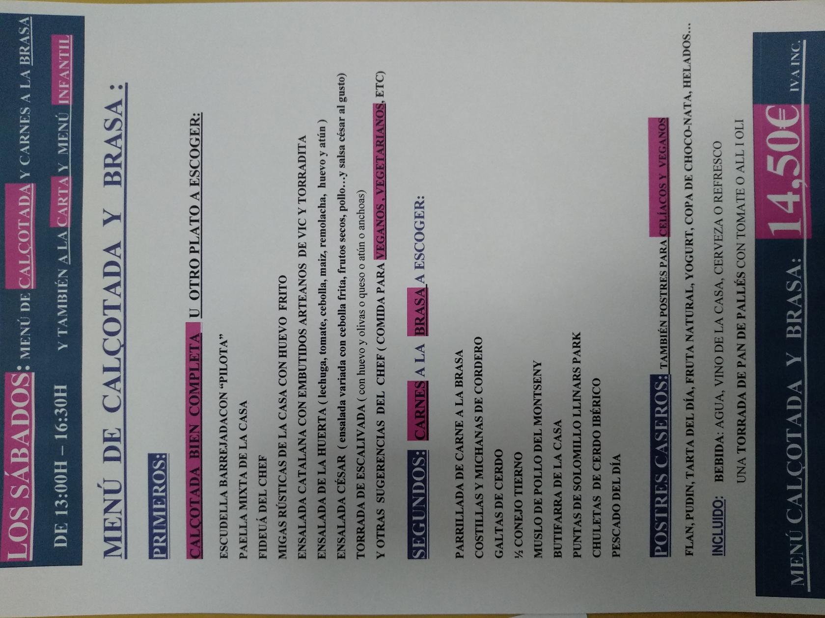 Menu at Restaurante Llinars Park, Llinars del Vallès