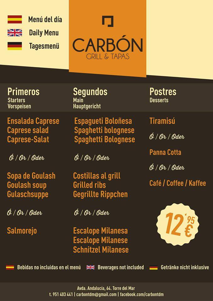 Menu at Restaurante Carbón, Torre del Mar