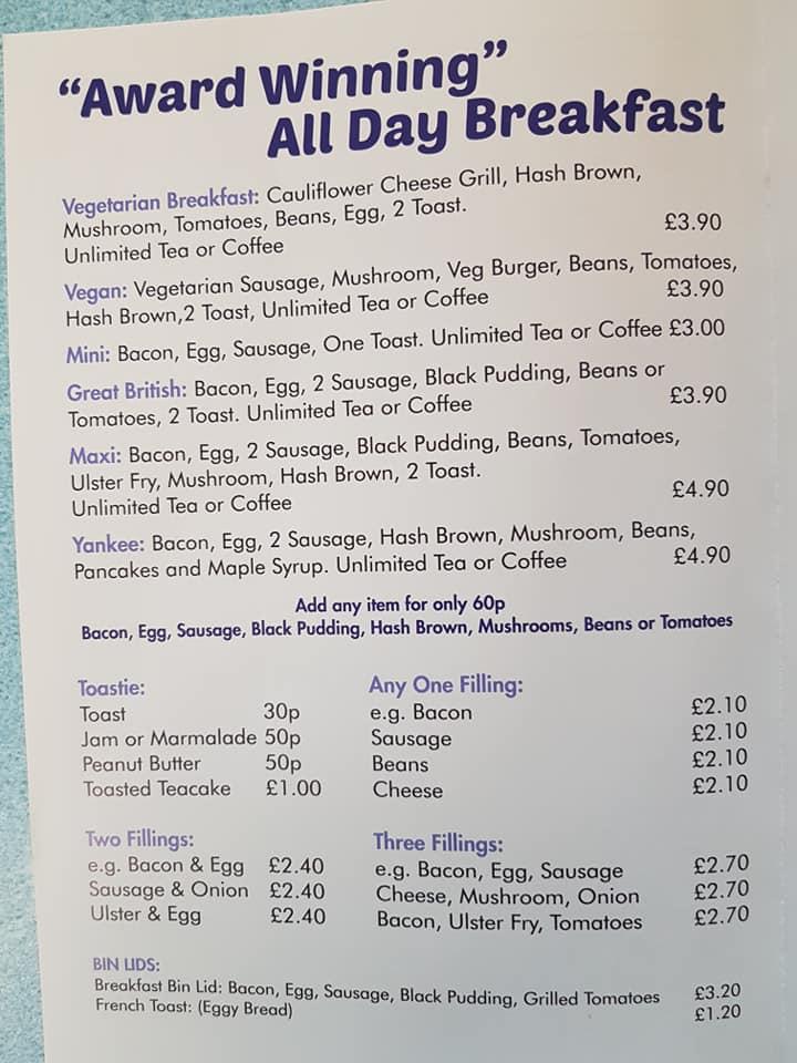 Menu at Strummers cafe, Birkenhead